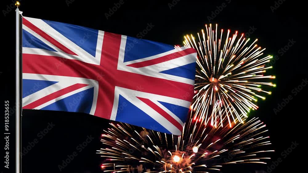 Colorful fireworks illuminate the night sky, featuring a prominent UK ...