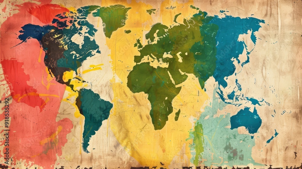 A vintage-style world map with colorful continents representing ...