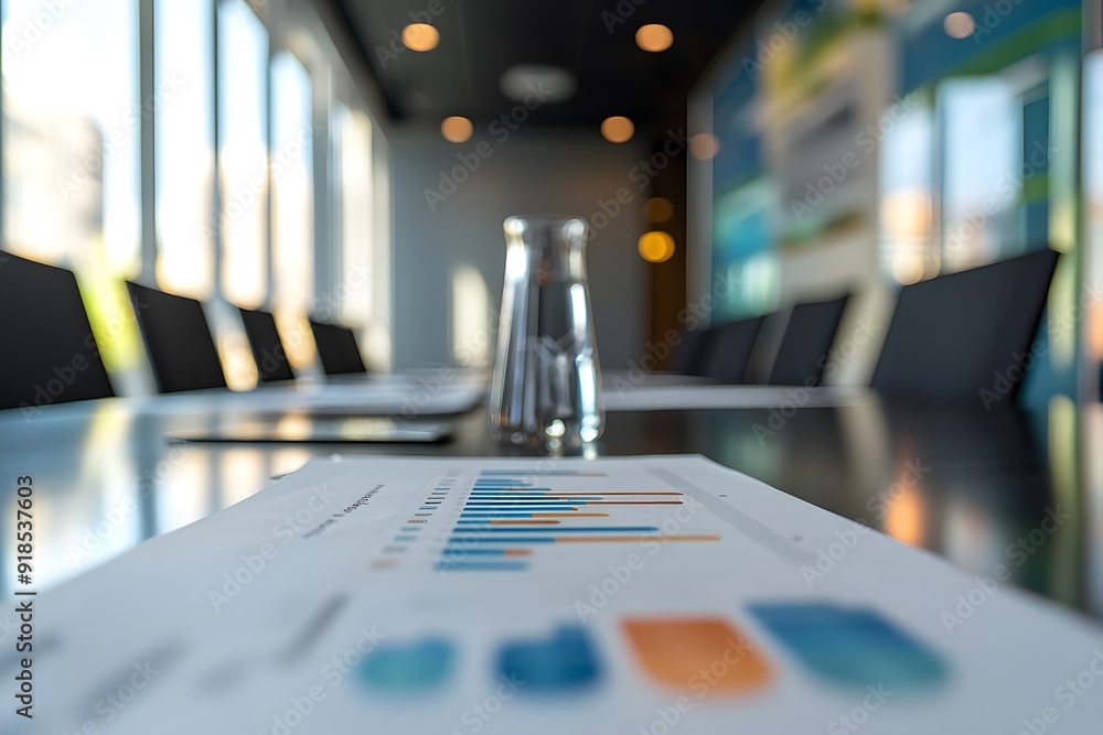 Professional meeting setup with charts and water glass in focus. Stock ...