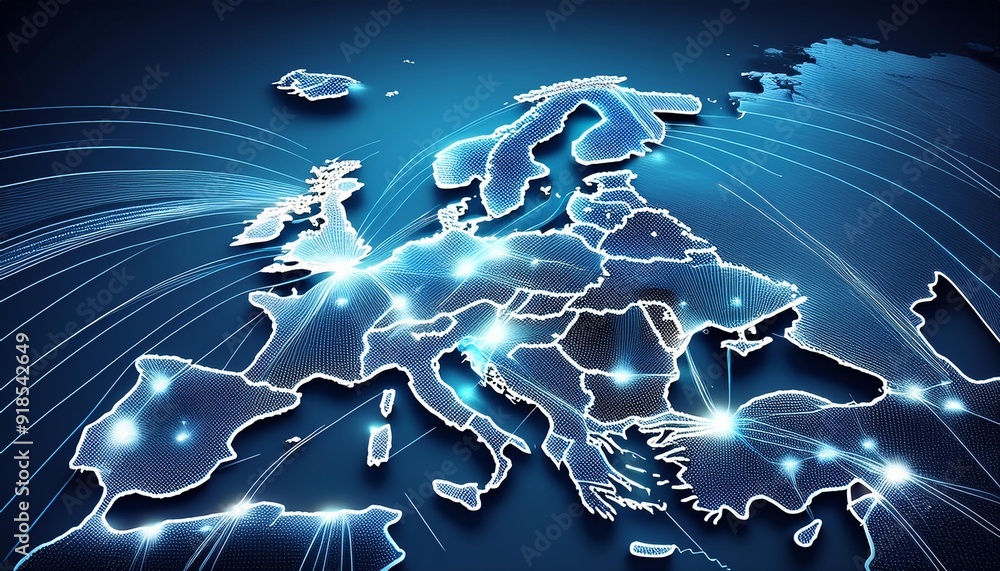 abstract map of europe formed by glowing network connections data ...