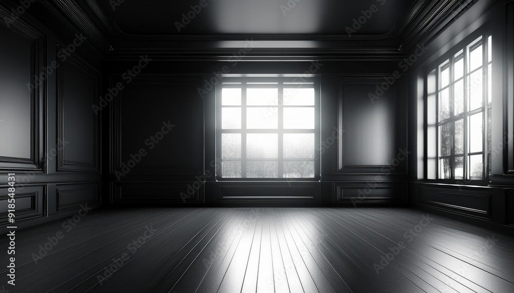 dramatic black room interior with glowing window light hdri map for 3d ...