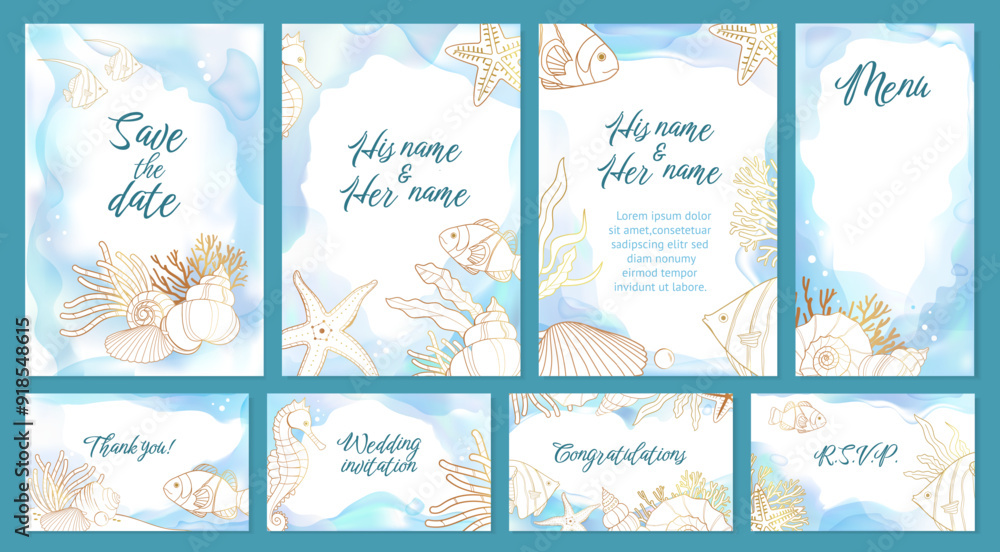 Beach wedding invitation. Summer sea ocean frame, watercolor and gold ...