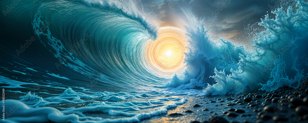 Surreal otherworldly energy portal around the setting sun draws in the ...