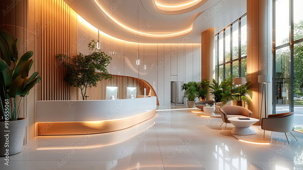 The lobby of the luxury hotel features a modern style with white walls ...