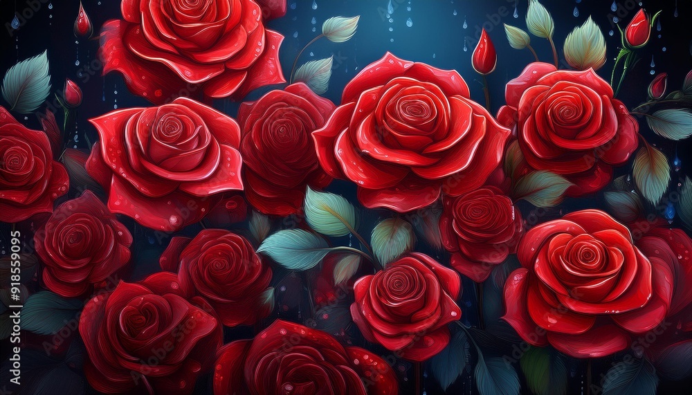 Red roses on dark background poster. Beautiful red flowers with water ...