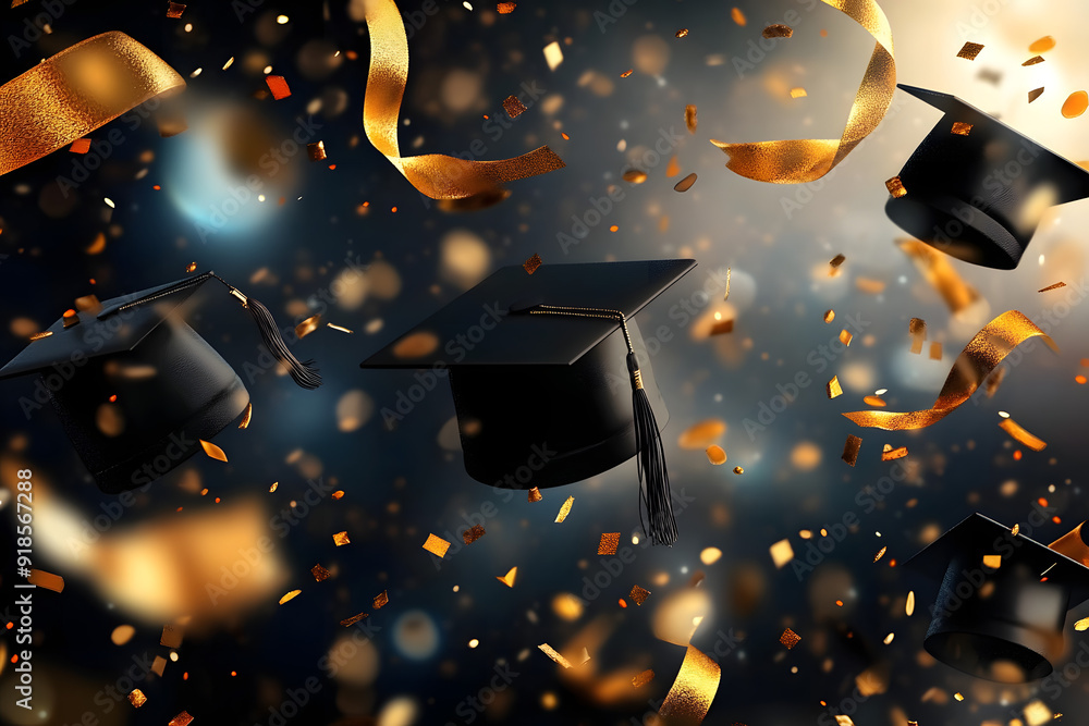 Flying awards confetti. Flying graduation caps with golden ribbons ...