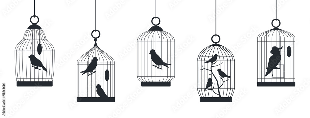 Vetor de Birds cages silhouettes. Birds cages with domestic birds ...