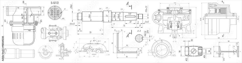 Vector engineering drawing of steel mechanical parts with through holes ...