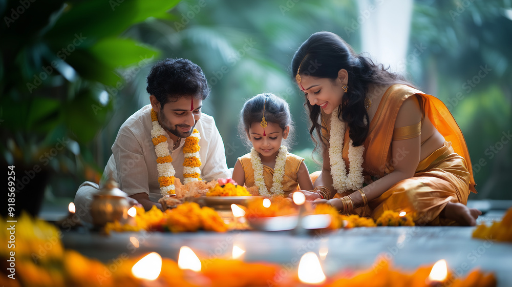 Happy Onam. Beautiful Indian family engaged in a traditional Indian ...