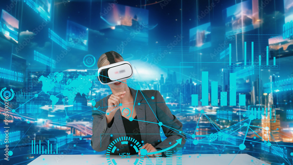 Businesswoman selecting dynamic market data scattering research ...