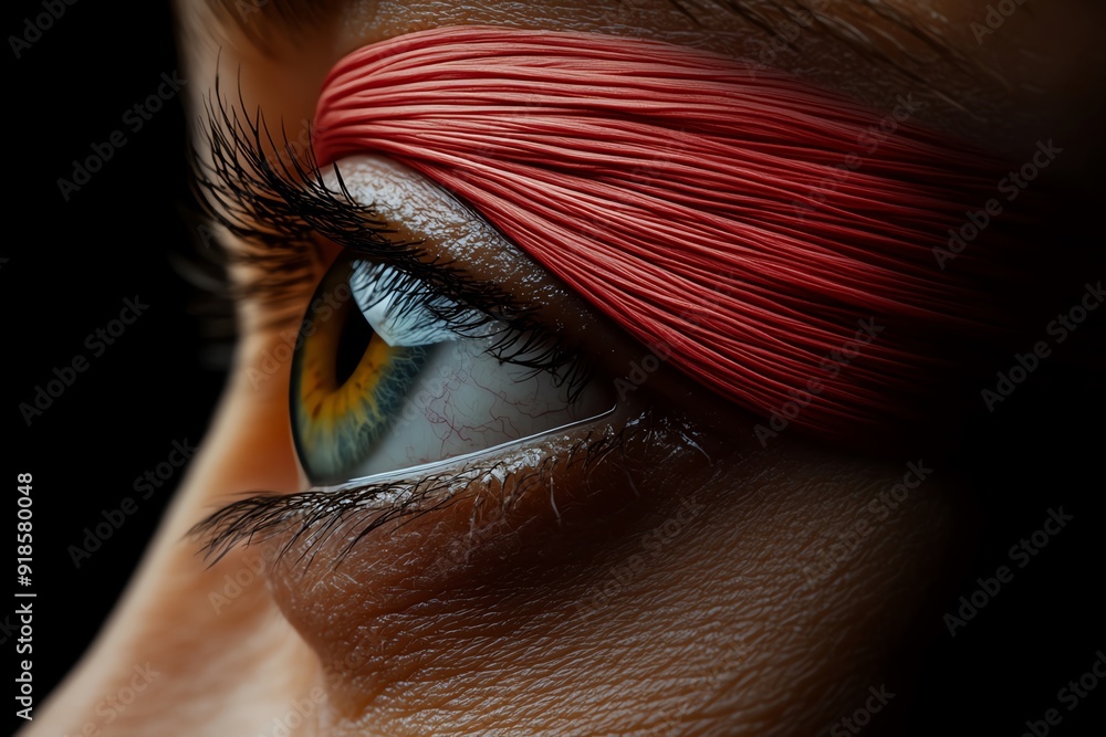 Closeup of the muscles around the eye with optic nerves visible ...