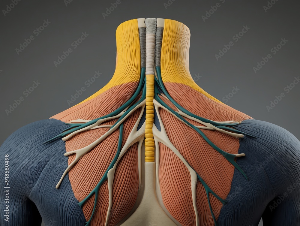 Detailed view of the diaphragm muscle with phrenic nerve connections ...