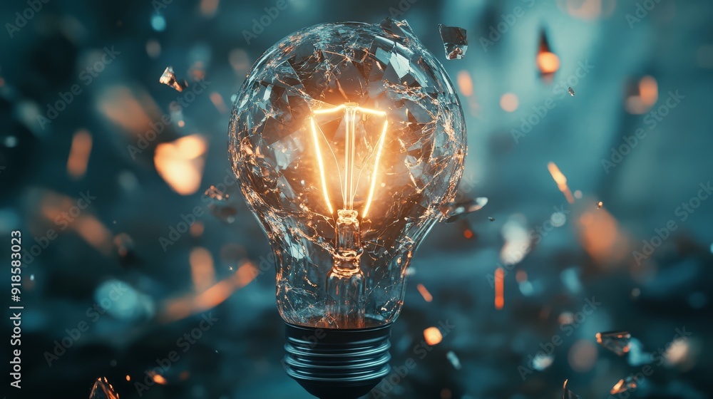 shattered lightbulb, symbolizing shattered ideas. The broken glass ...