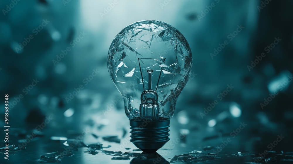 shattered lightbulb, symbolizing shattered ideas. The broken glass ...