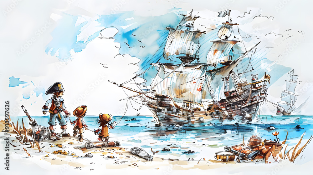 Colorful pirate ship adventure with children on a beach, engaging ...