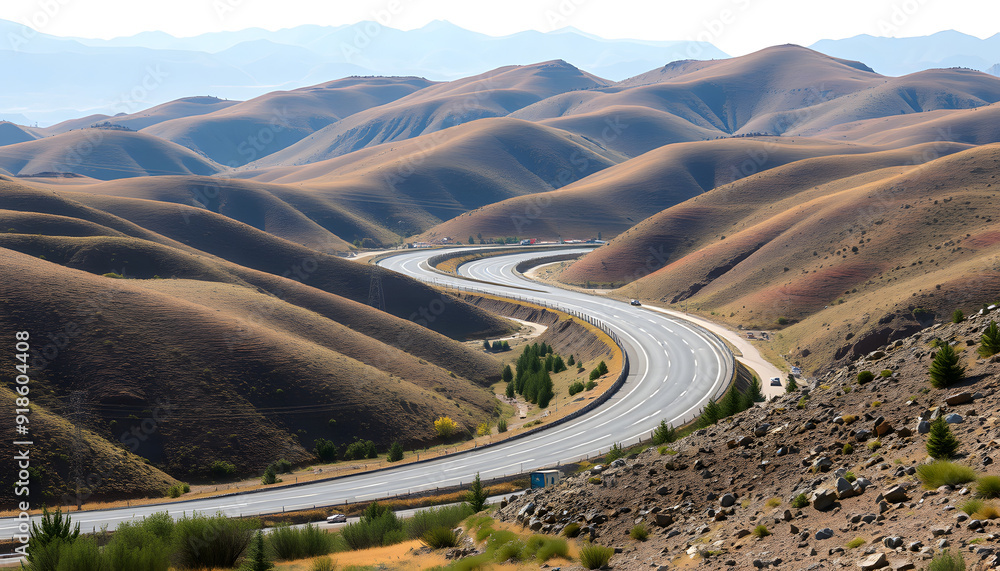 Footage of the highway meandering through a series of small hills ...