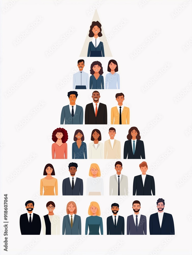 An illustration of diverse people in business attire arranged on a ...