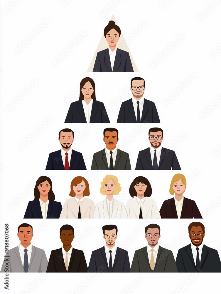 An illustration of diverse people in business attire arranged on a ...