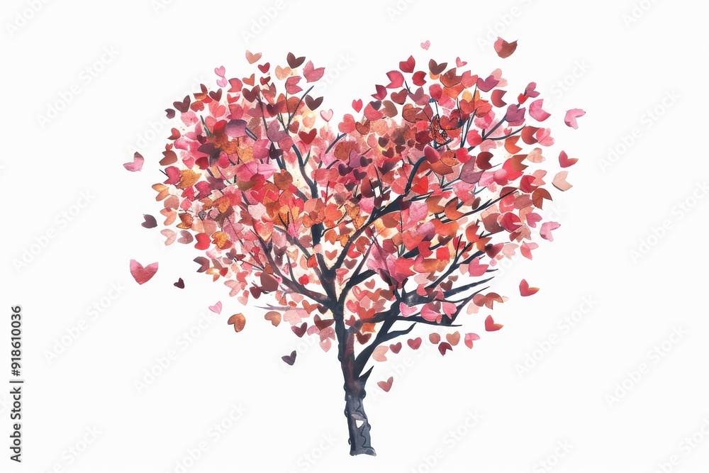 painting of two trees with red leaves, Illustrate heart-shaped tree ...