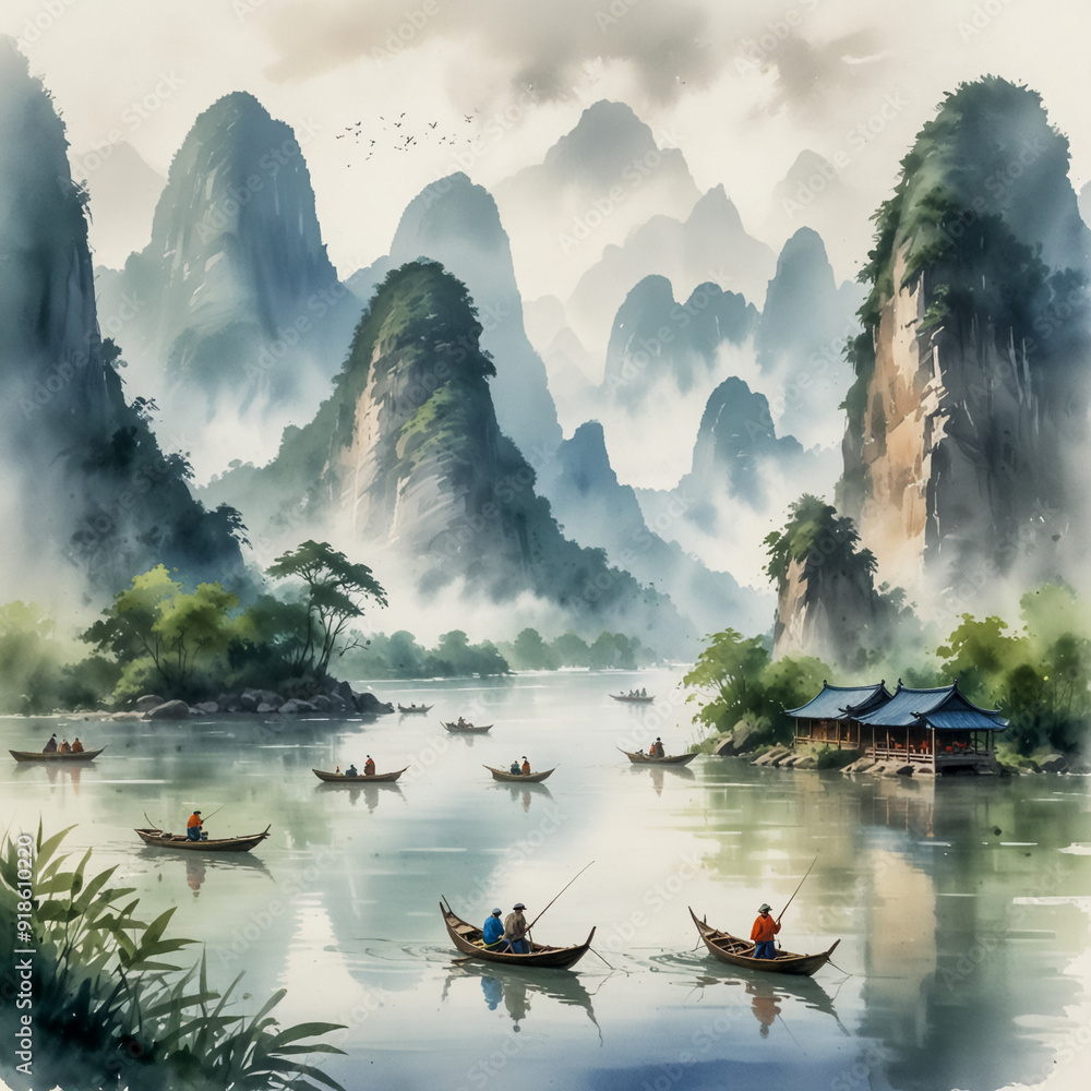 Watercolor illustration of the Li River in Guilin. Capture the serene ...