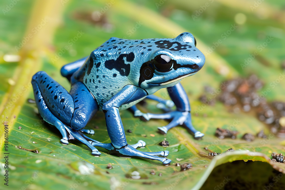 Blue Poison Dart Frog perched on a leaf in the Amazon rainforest its ...