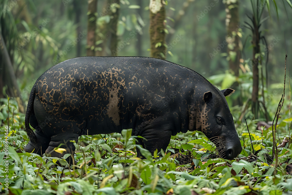 Brazilian Tapir foraging dense underbrush of Amazon rainforest thick ...