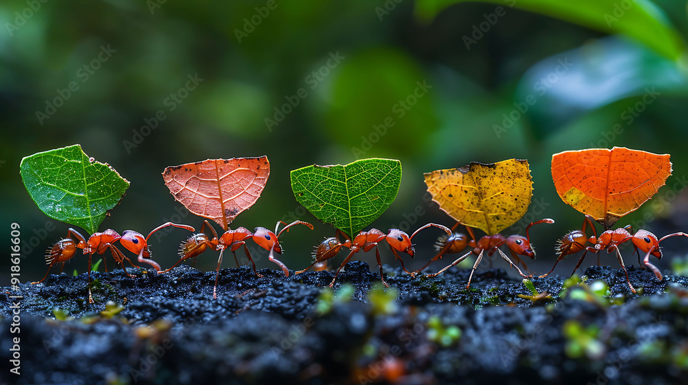 Colony of Leafcutter Ants carrying leaves through Amazon rainforest ...