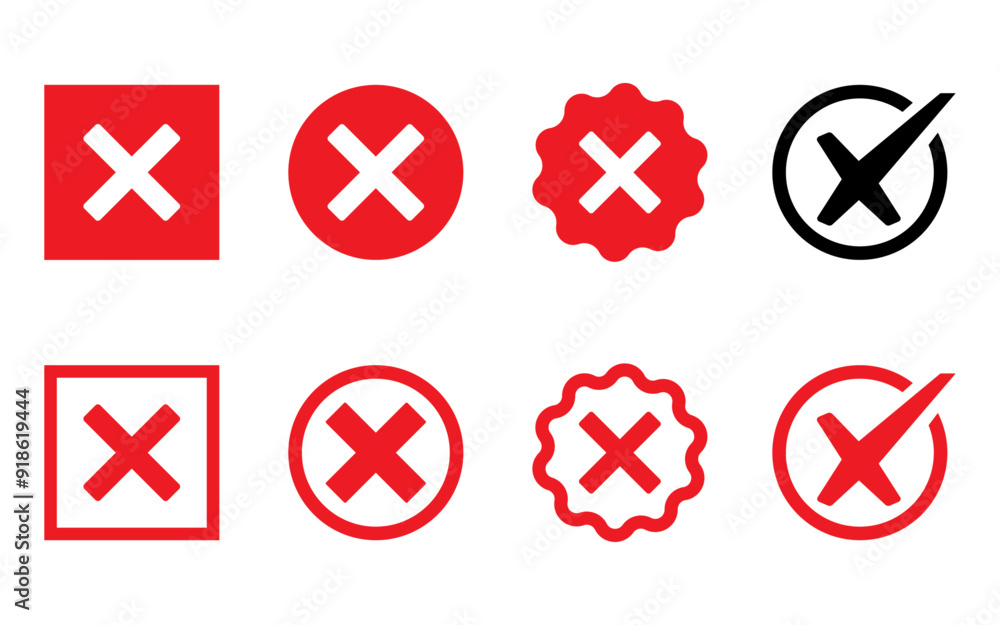 check box Red cross mark icon set button wrong declined buttons no ...