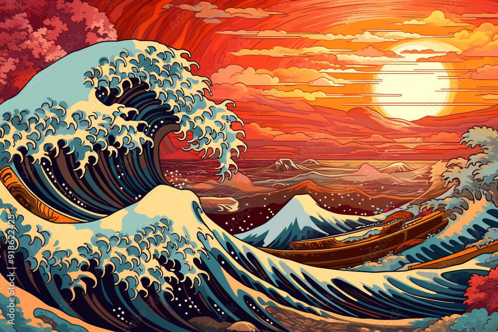 Vintage japanese engraving style great wave. Japanese ocean or sea ...