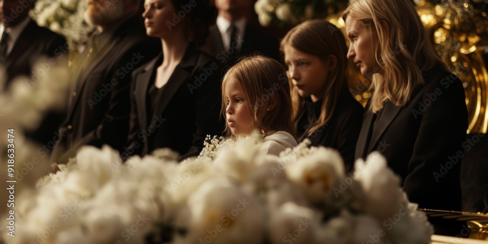 Death, anguish, girl with flower on coffin, family, and sad child at ...