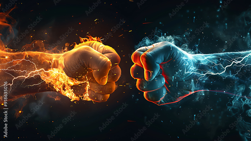 two clenched fists facing each other, with one engulfed in flames and ...