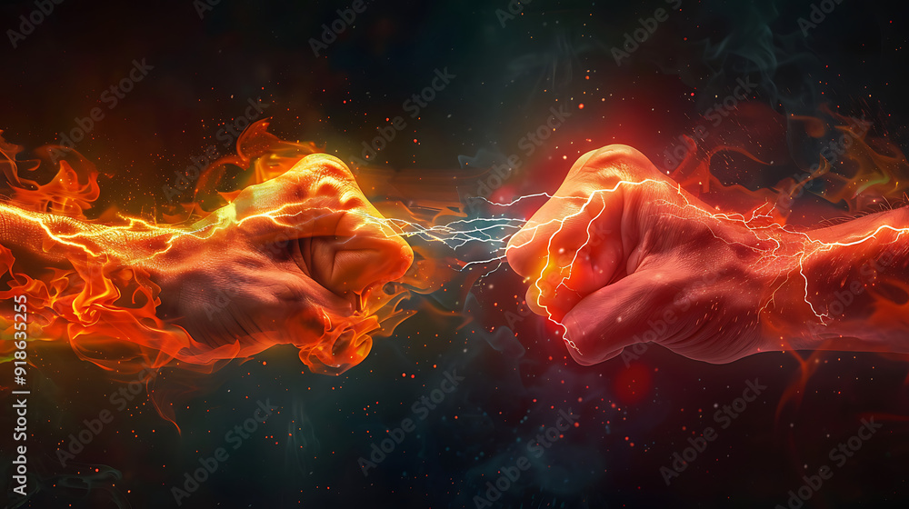 two clenched fists facing each other, with one engulfed in flames and ...