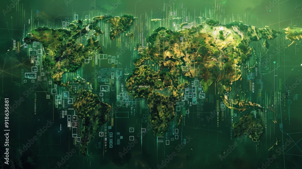 A digital map showing global climate change data, representing ...