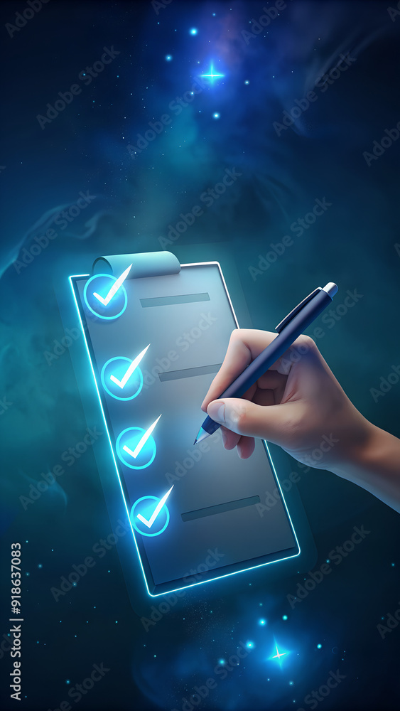 a hand holding a pen and checking off two items on a checklist. The ...