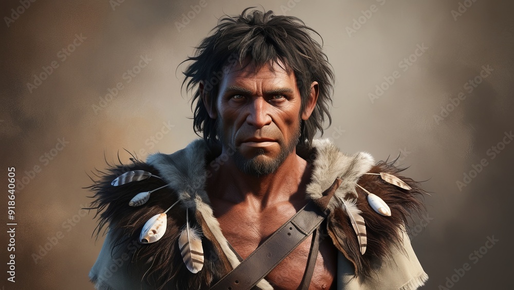 lifelike portraiture of a neandertal, depicting a ruggedly handsome ...