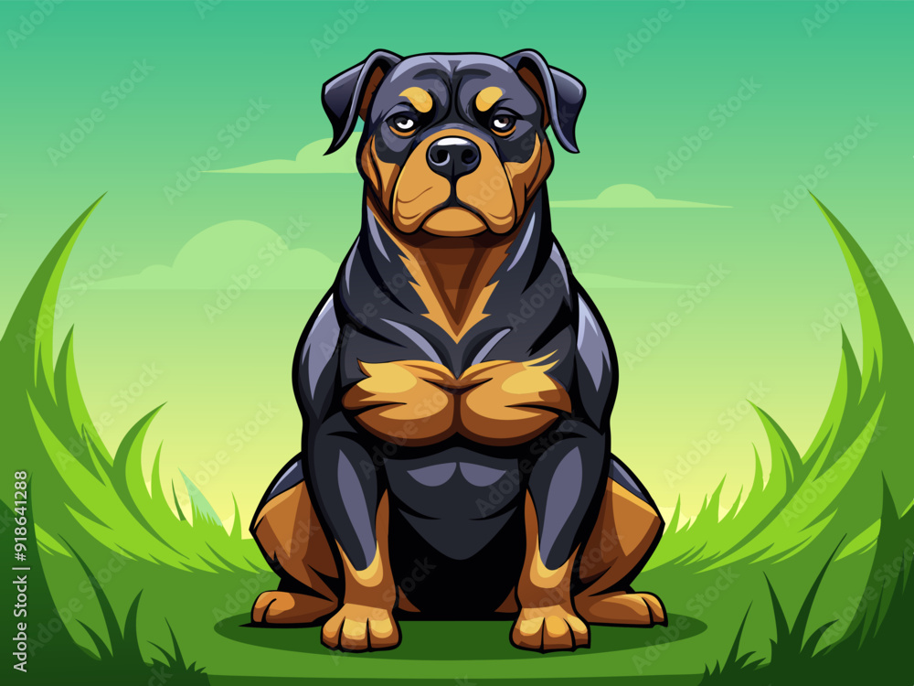 vector of muscular Rottweiler sitting, with a short black and tan coat ...