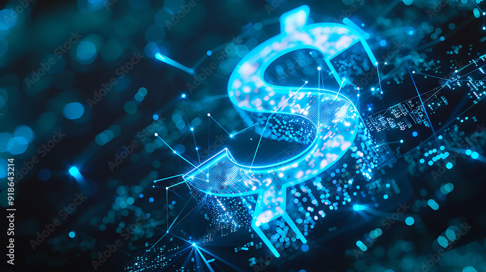 a glowing dollar sign in neon blue, surrounded by stylized digital ...
