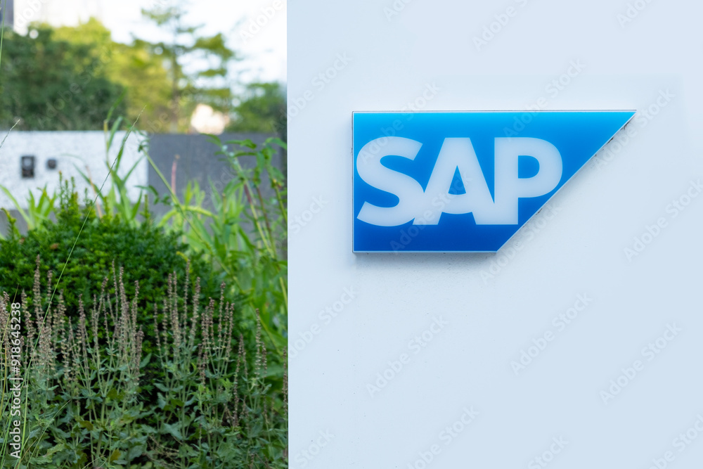 SAP logo on corporate building facade, Global software company ...