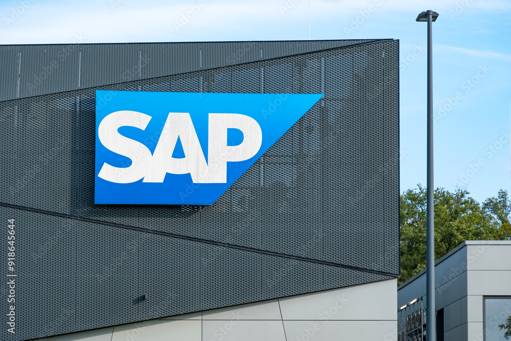 SAP logo on corporate building facade, Global software company ...