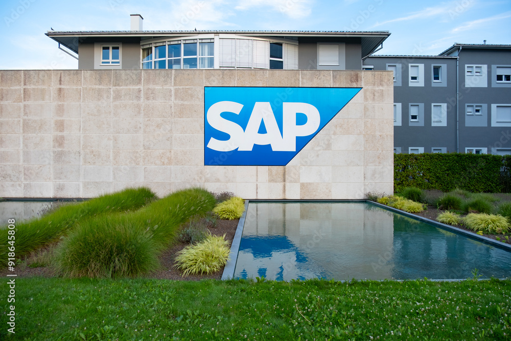 SAP logo on corporate building facade, Global software company ...
