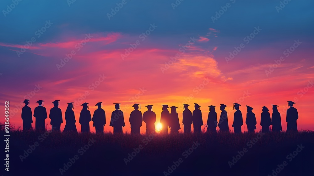 Silhouettes of students with graduate caps in a row on panoramic sunset ...