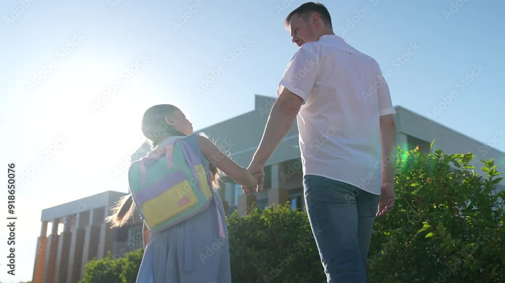 father holds hand little first-grader, child kid girl daughter goes to ...