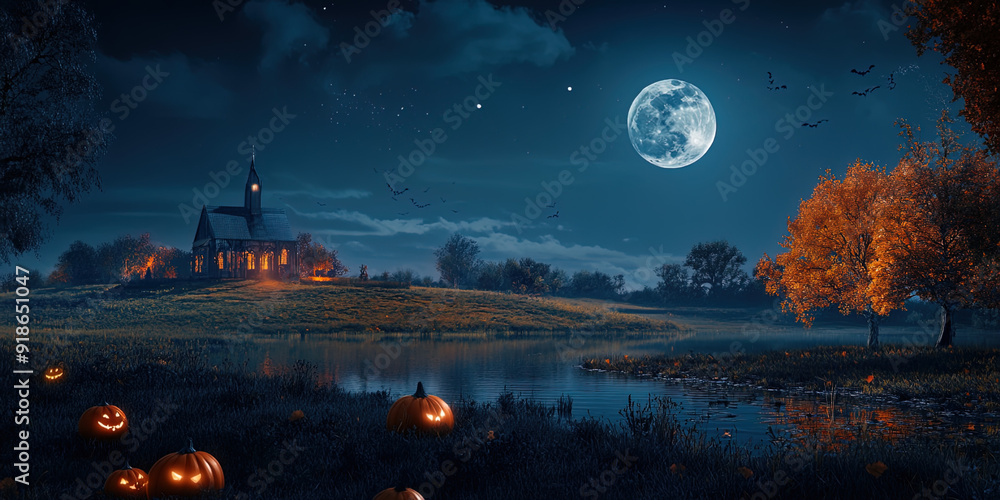 Beautiful and spooky fall landscape for Halloween with orange and blue ...