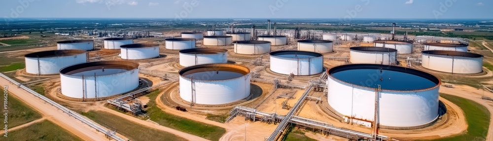 Aerial view of large oil storage tanks in an industrial area ...