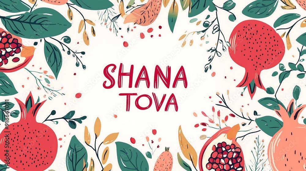 jewish new year greeting card, traditional symbols pomegranates, apples ...