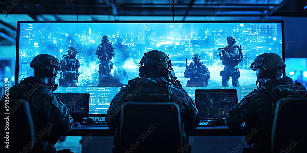 Digital storm front SWAT team briefs in front of a giant screen ...