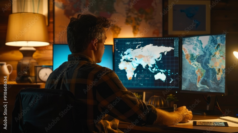 A man seated at a desk, analyzing geographic data on a computer with ...