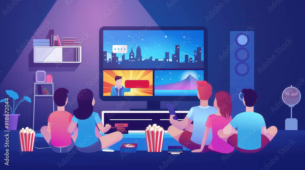 Friends watching TV with snacks in a colorful room. Movie night ...