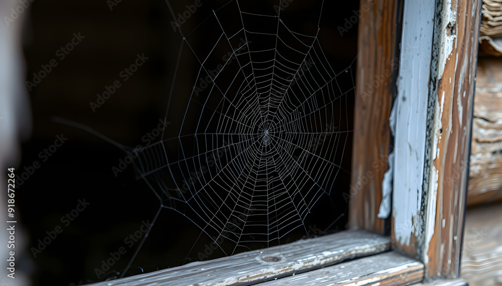 Small spider webs in an old cabin window sill isolated with white ...