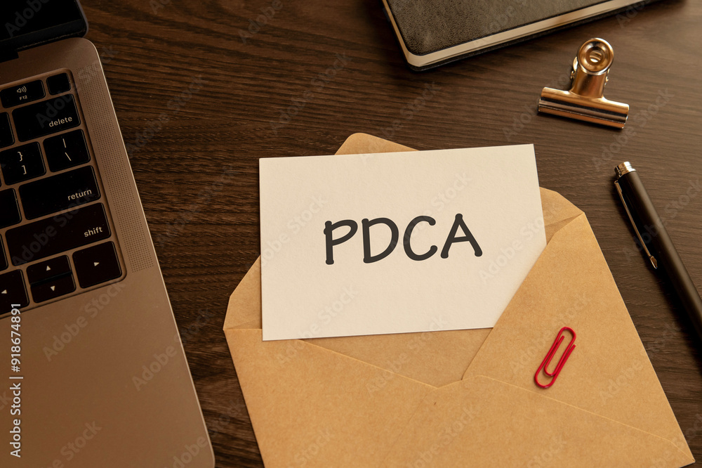 There is word card with the word PDCA. It is an abbreviation for Plan ...